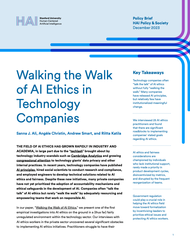 Walking the Walk of AI Ethics in Technology Companies | Stanford HAI